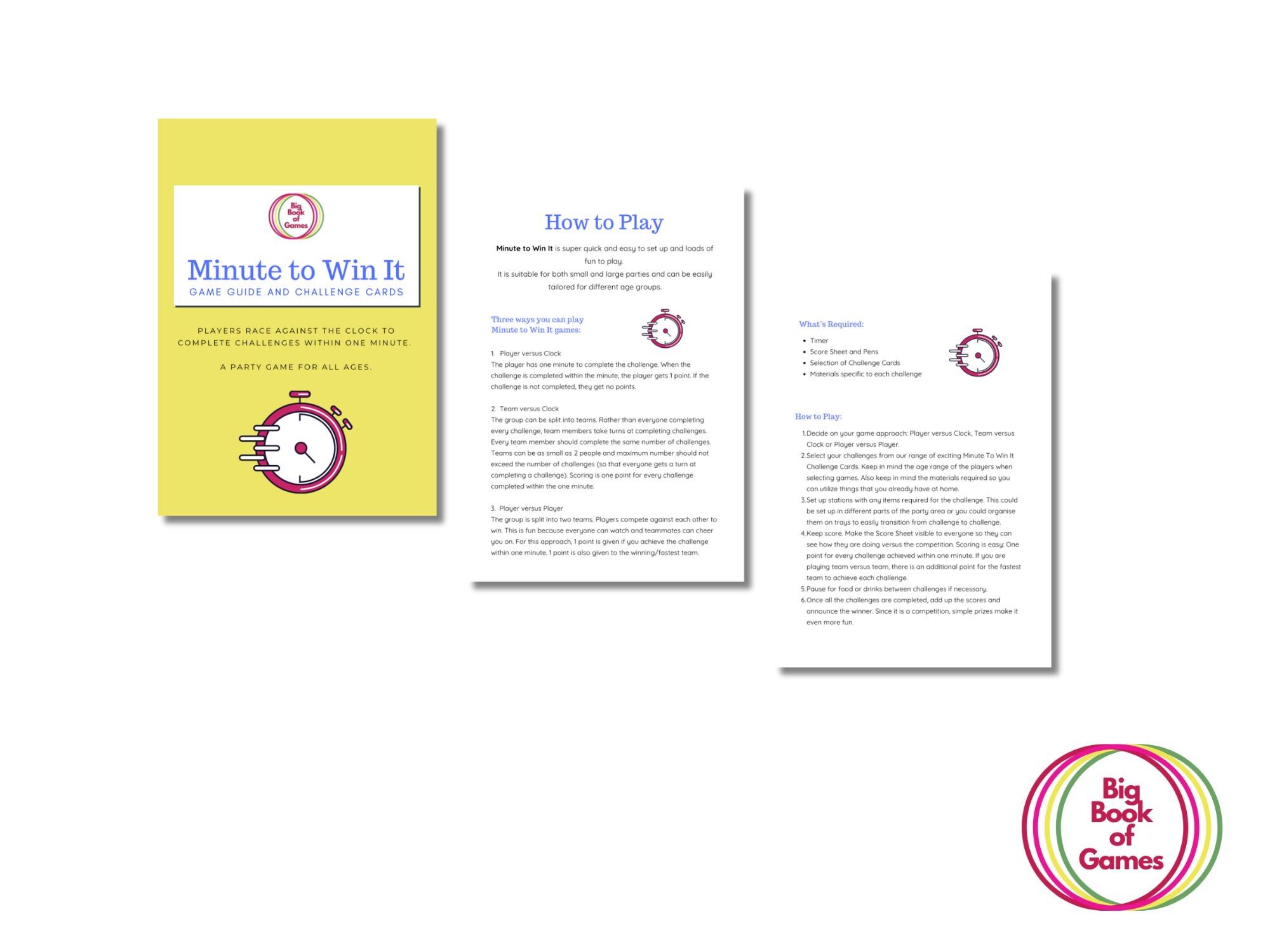 42 Printable Challenge Cards Plus Score Sheets and How to Play. Minute ...