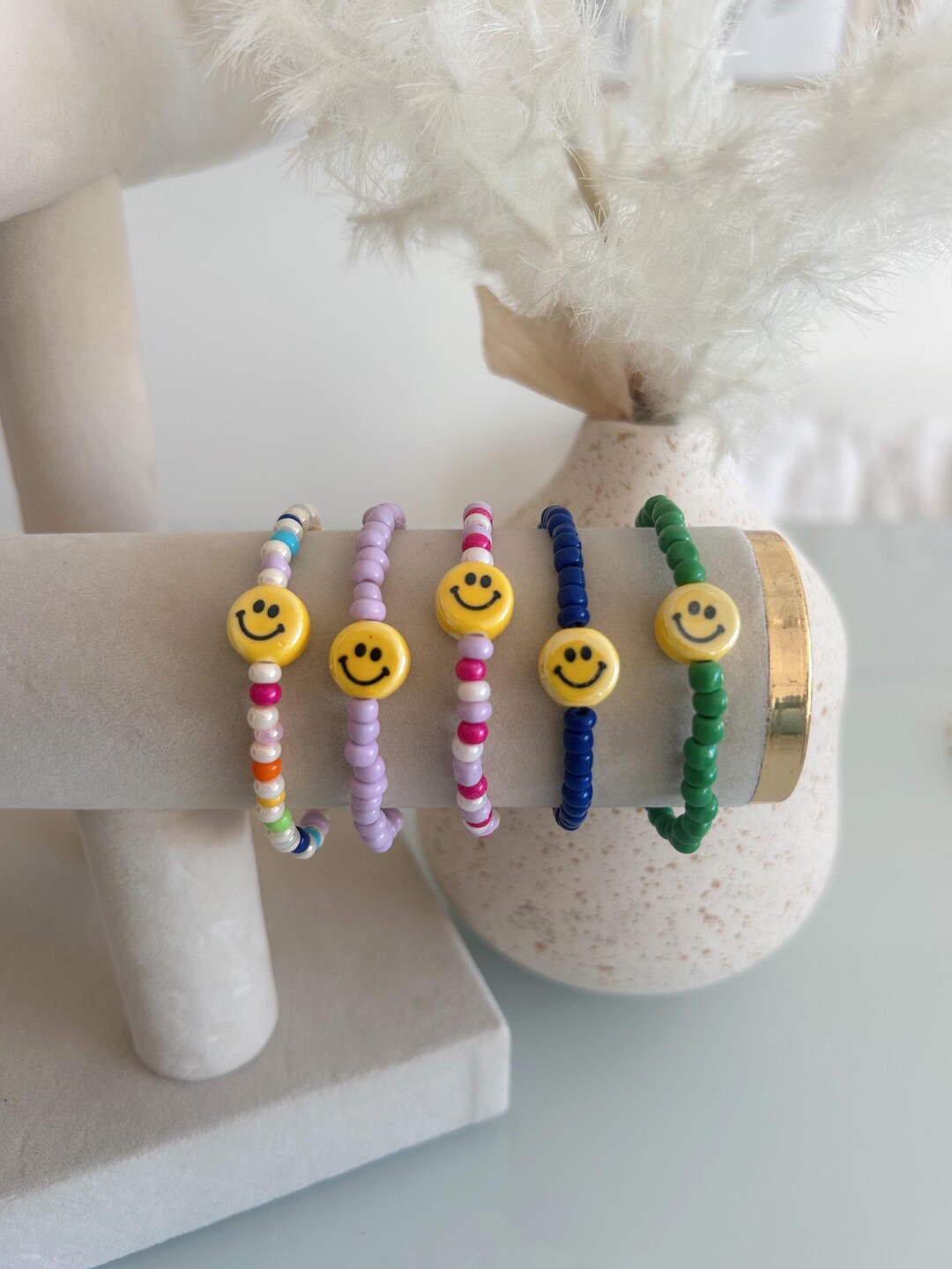 Smiley Beaded Bracelet: Multicolor Gold Stacking Set - Etsy