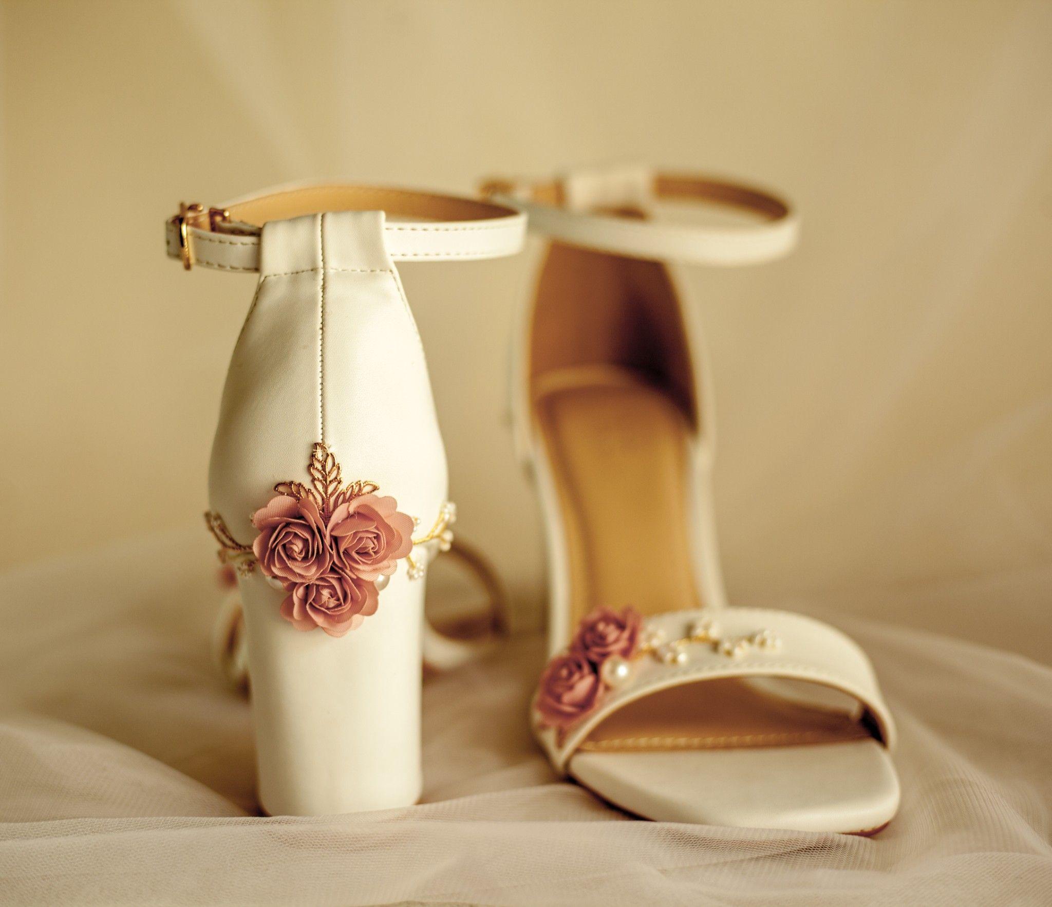 White Bridal Heels With Floral Details, Handmade Wedding Shoes With ...