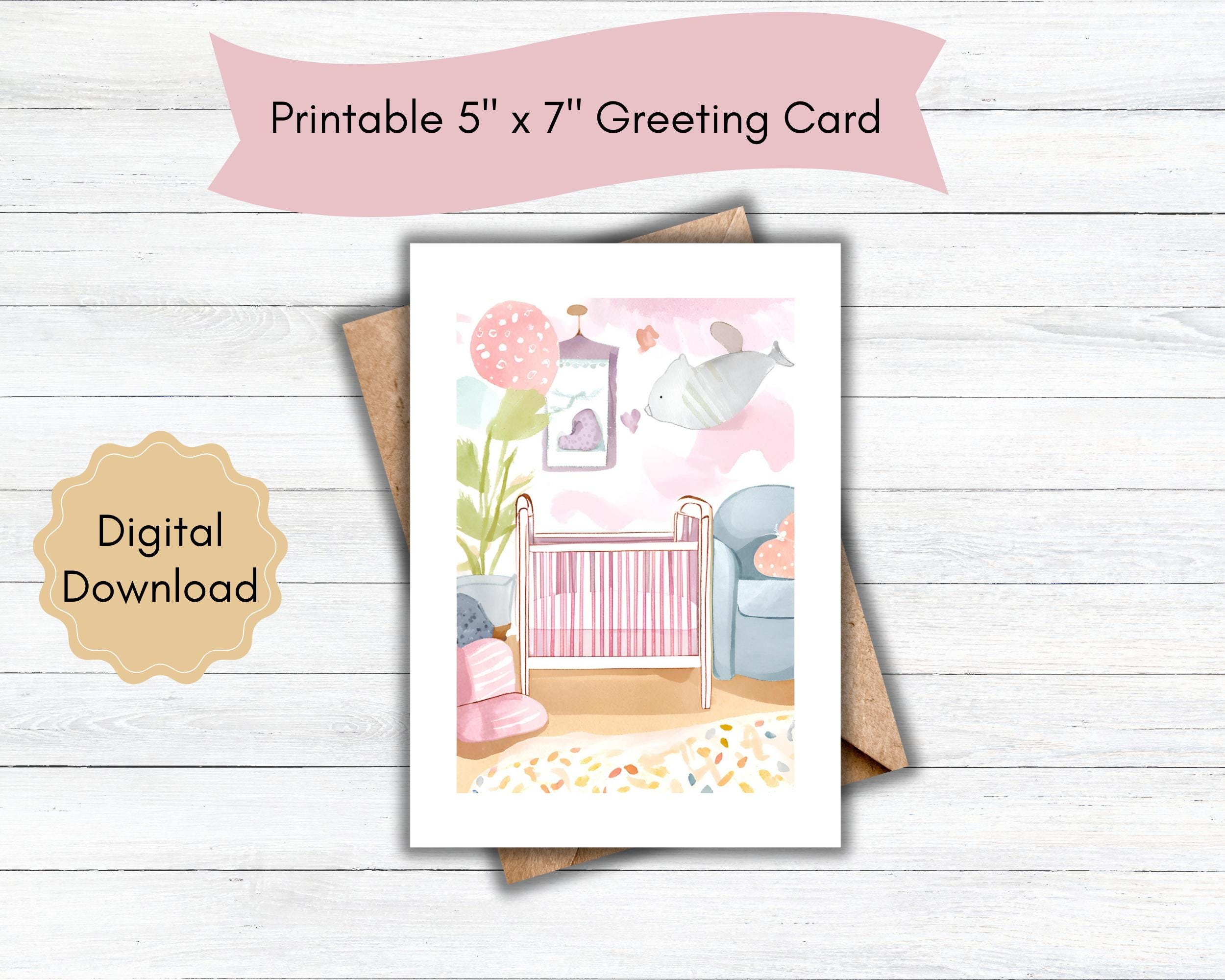 Printable Baby Shower Card, Digital Download, Pretty Pink Nursery ...