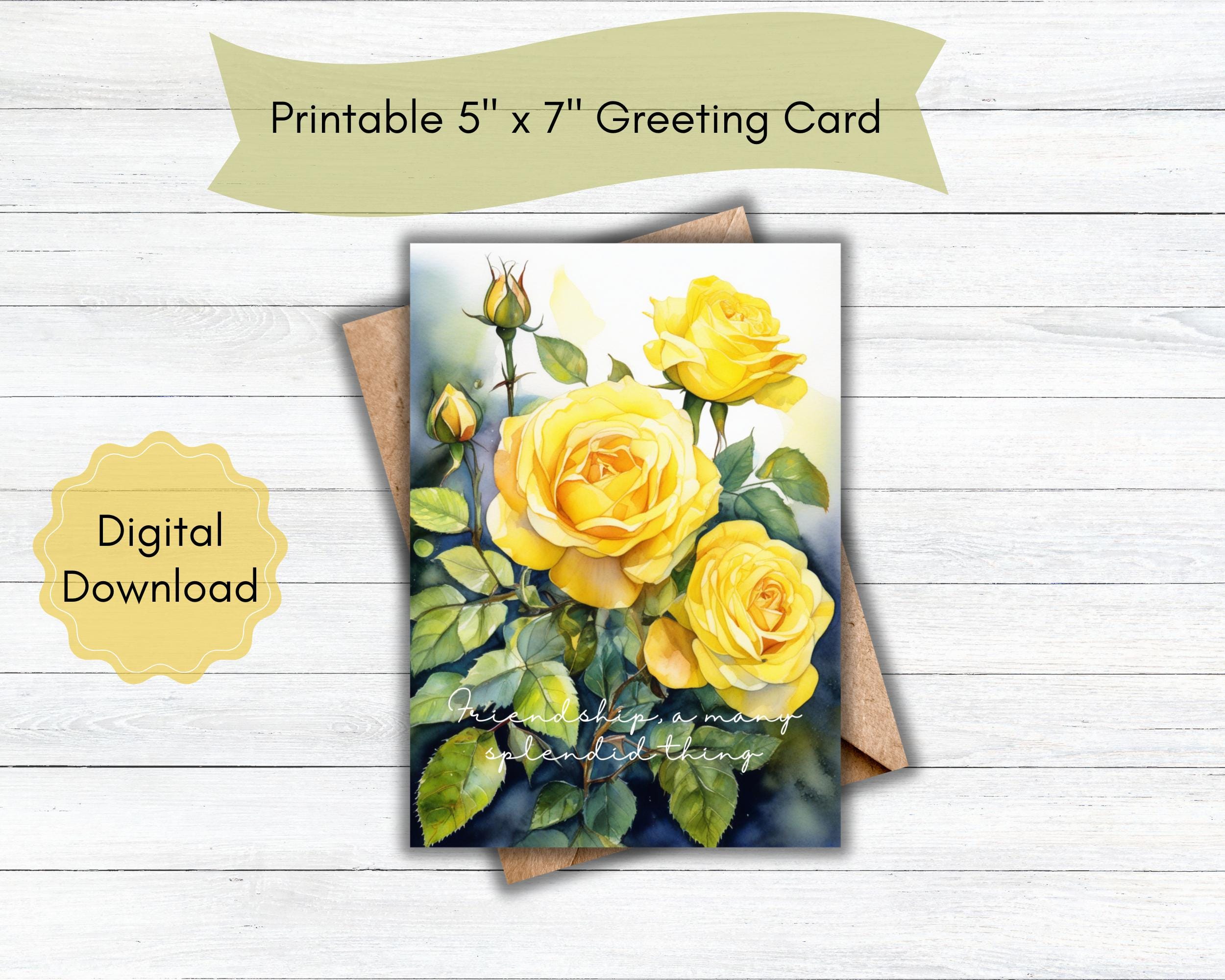 Printable Friendship Card, Digital Download, Beautiful Yellow Roses ...