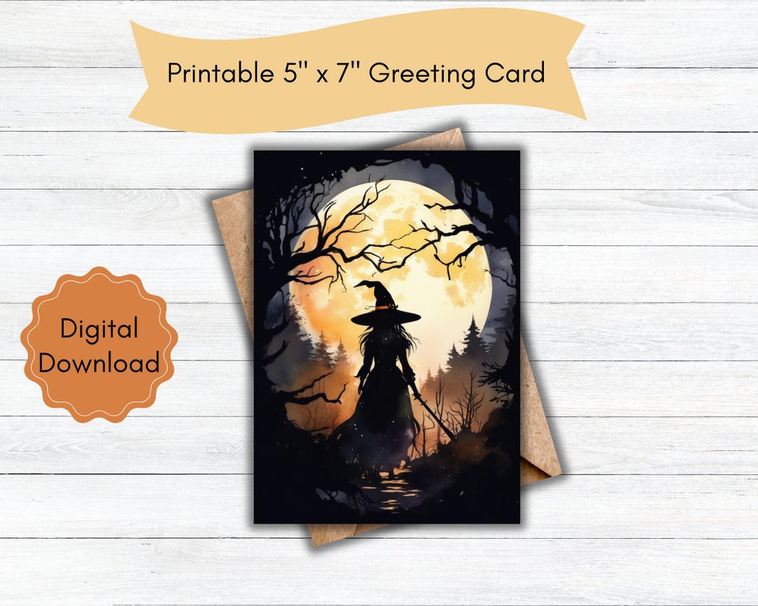 Printable Halloween Themed Card, Digital Download, Witch and Full Moon ...
