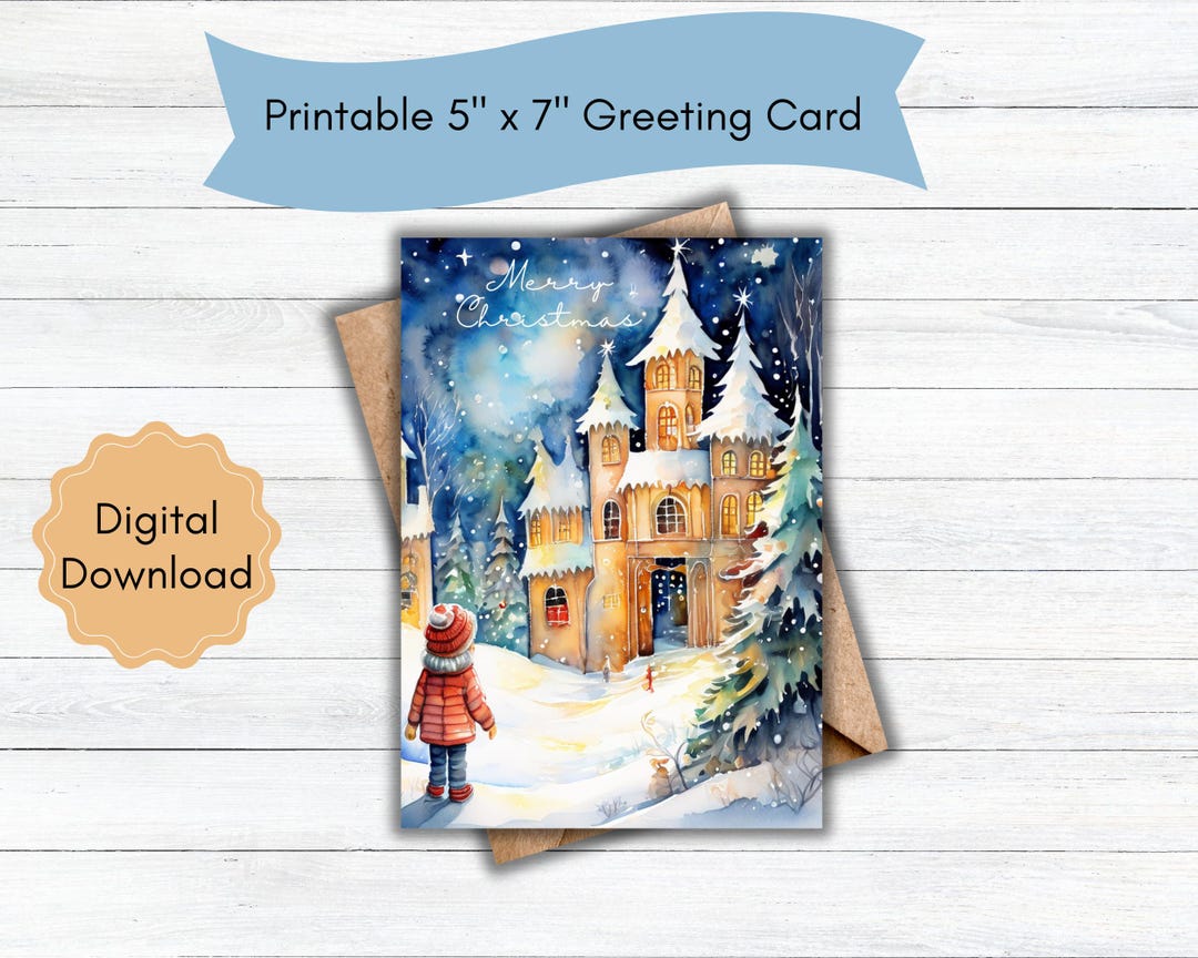 Printable Christmas Card, Digital Download, Child Looking at a Castle ...