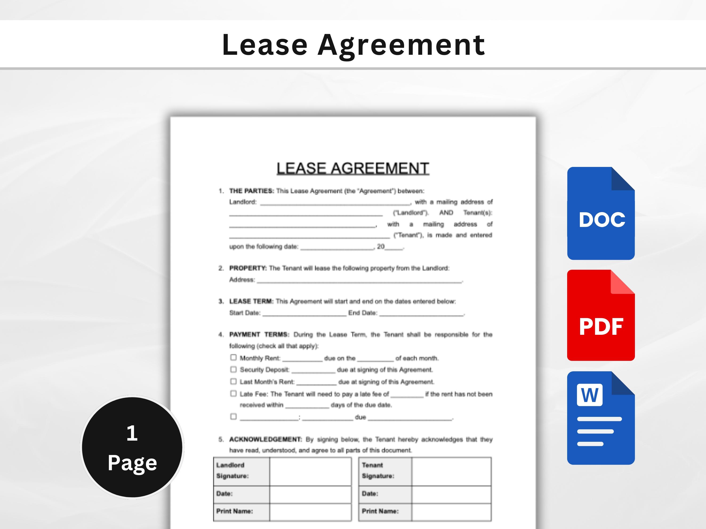Simple One Page Lease Agreement | Printable Rental Lease Contract ...
