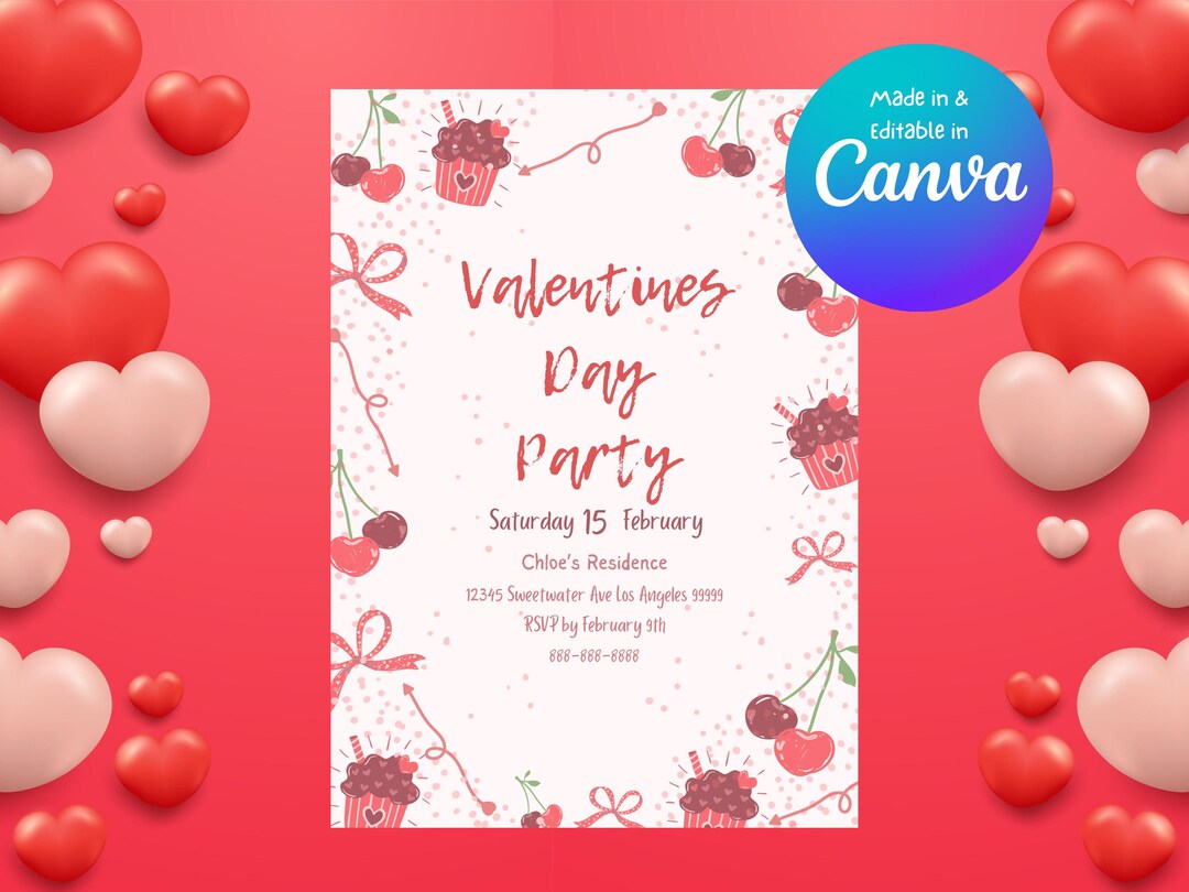 Editable Valentine's Day Party Invitation Template, Canva Editable ...