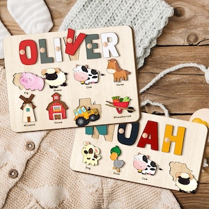 Farm Animal Name Puzzle With Pegs, Wooden Busy Board, 1st Birthday Gift ...