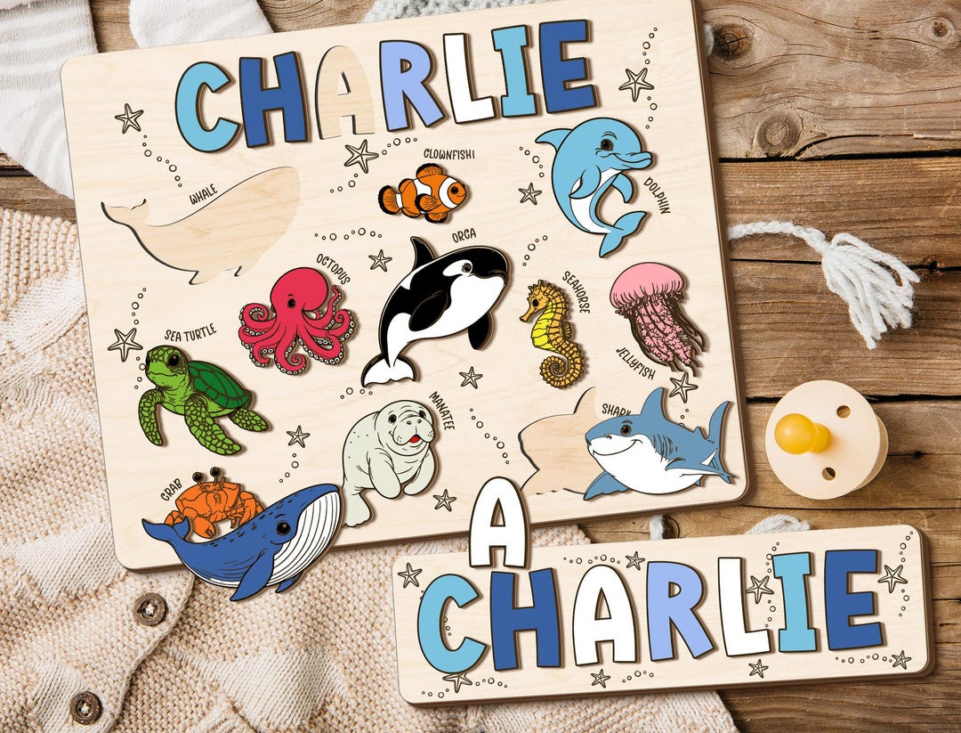 Ocean Animals Baby Name Puzzle, Custom Sea World Wooden Puzzle, Toddler ...