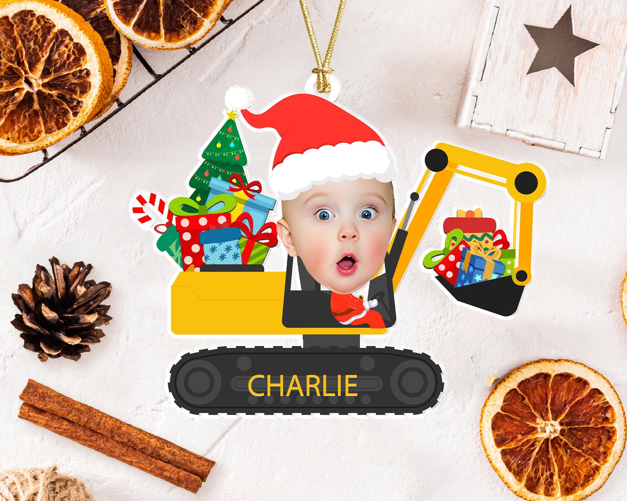 Custom Baby Photo Christmas Ornament, Construction Truck Kids Ornament ...