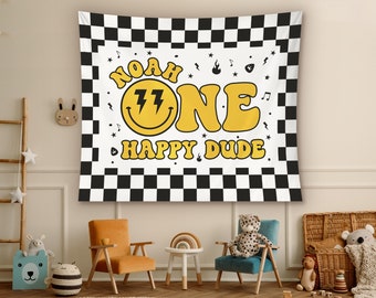 Yellow One Smiley Face Banner, One Happy Dude, First Birthday Boy Decor ...