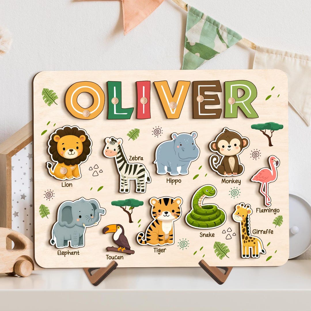 Safari Animal Name Puzzle for Kids, Personalized First Birthday Gift ...