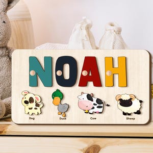 Farm Animal Name Puzzle With Pegs, Wooden Busy Board, 1st Birthday Gift ...