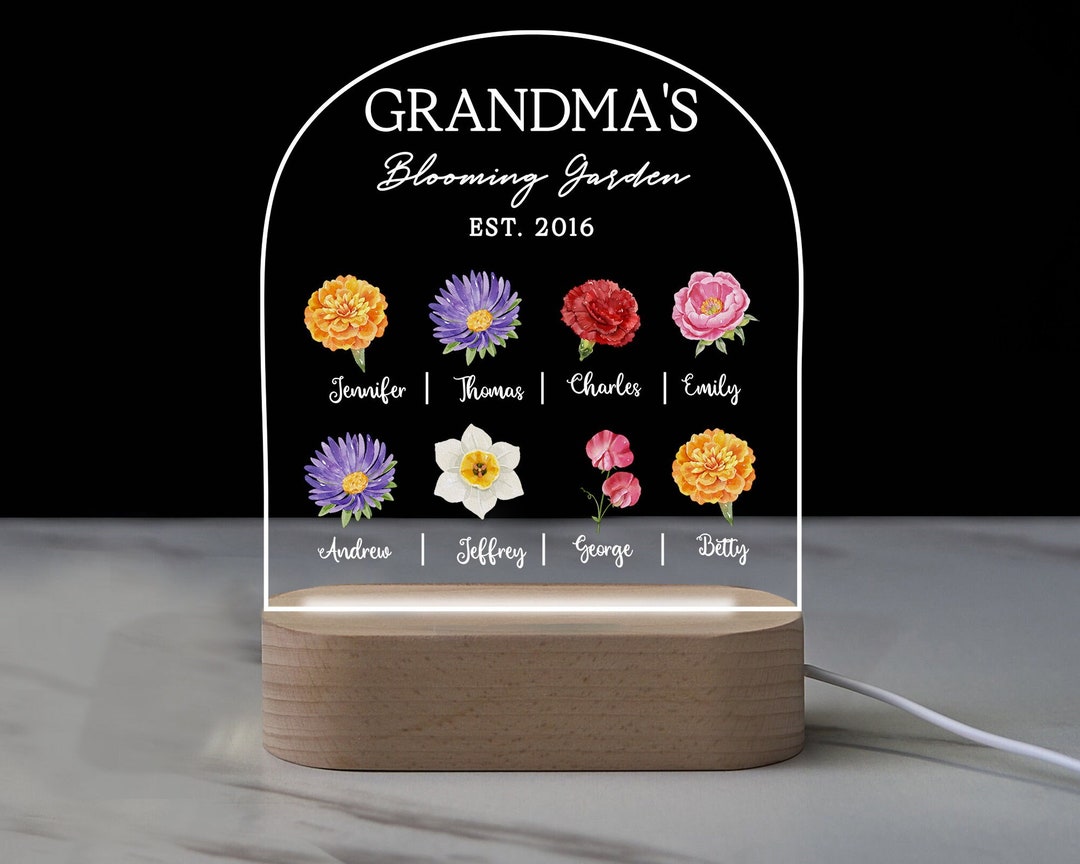 Personalized Grandmas Garden LED Lamp, Custom Birth Flower Night Light ...