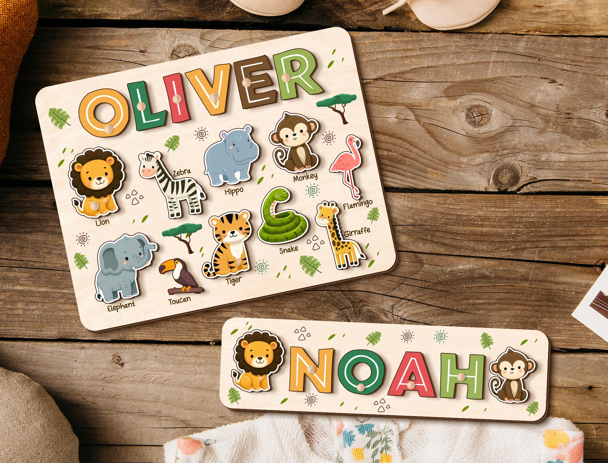 Safari Animal Name Puzzle for Kids, Personalized First Birthday Gift ...