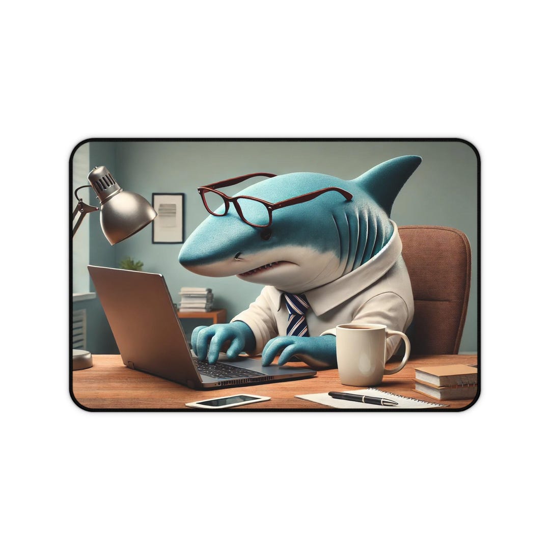 Shark Desk Pad | Quirky Office Desk Mat | Shark With Coffee Desk Pad ...