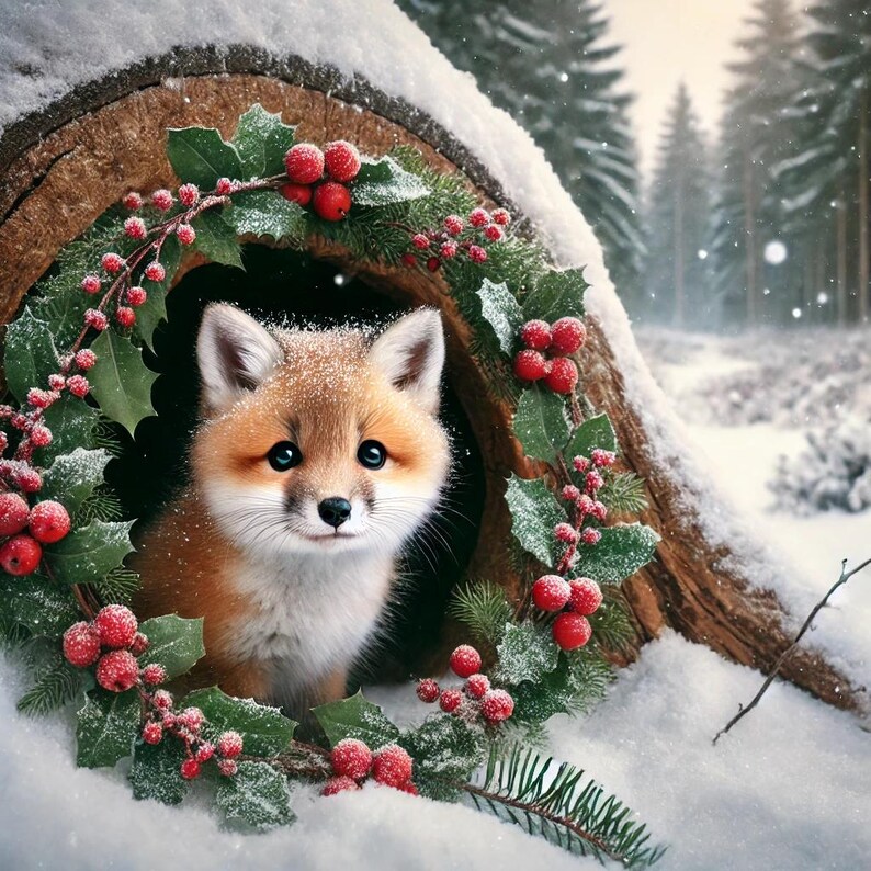5 Digital - Festive Fox Den - Winter Holiday Art Print - Etsy