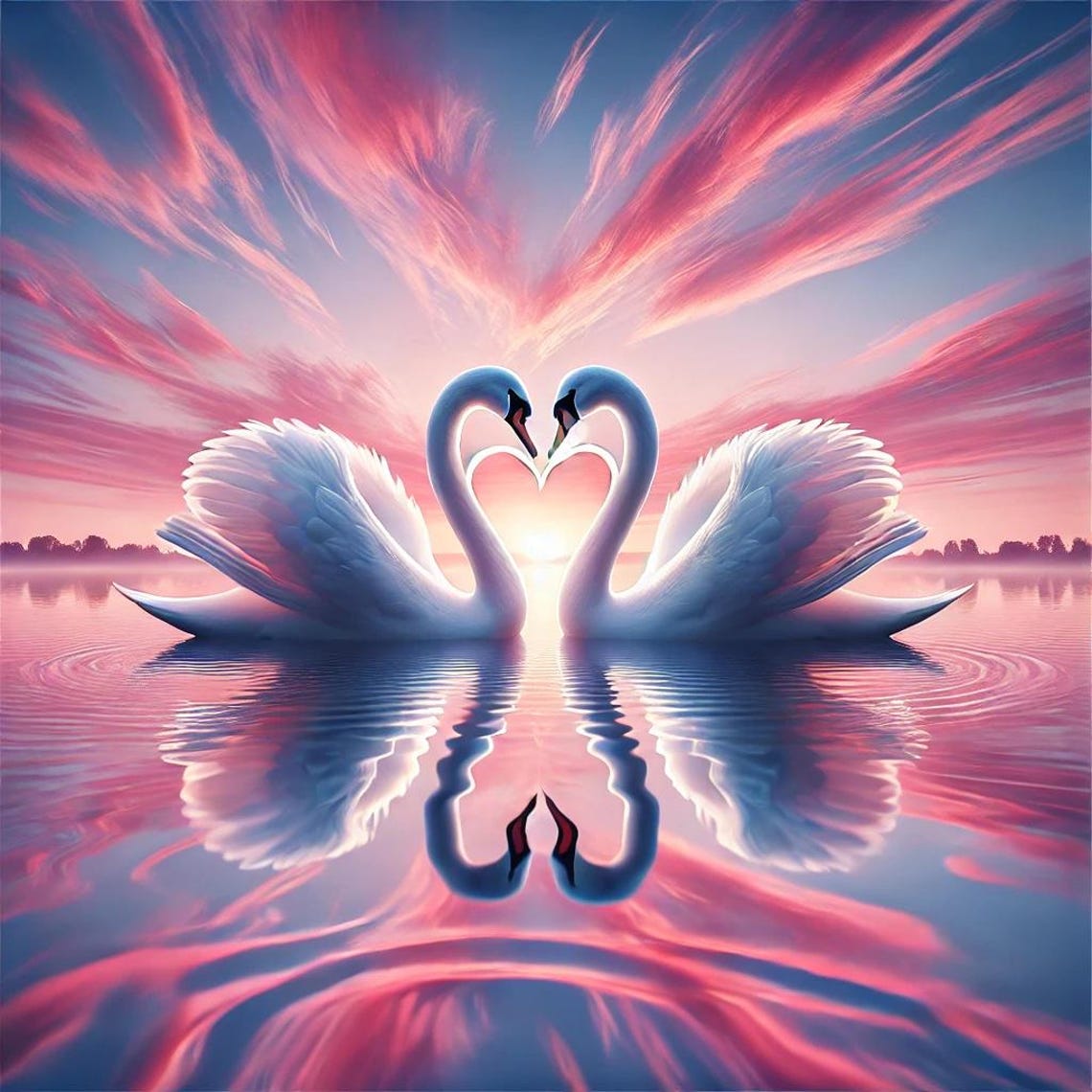 4 Digitals Romantic Swan Couple Heart Reflection Sunset Love Art Print ...
