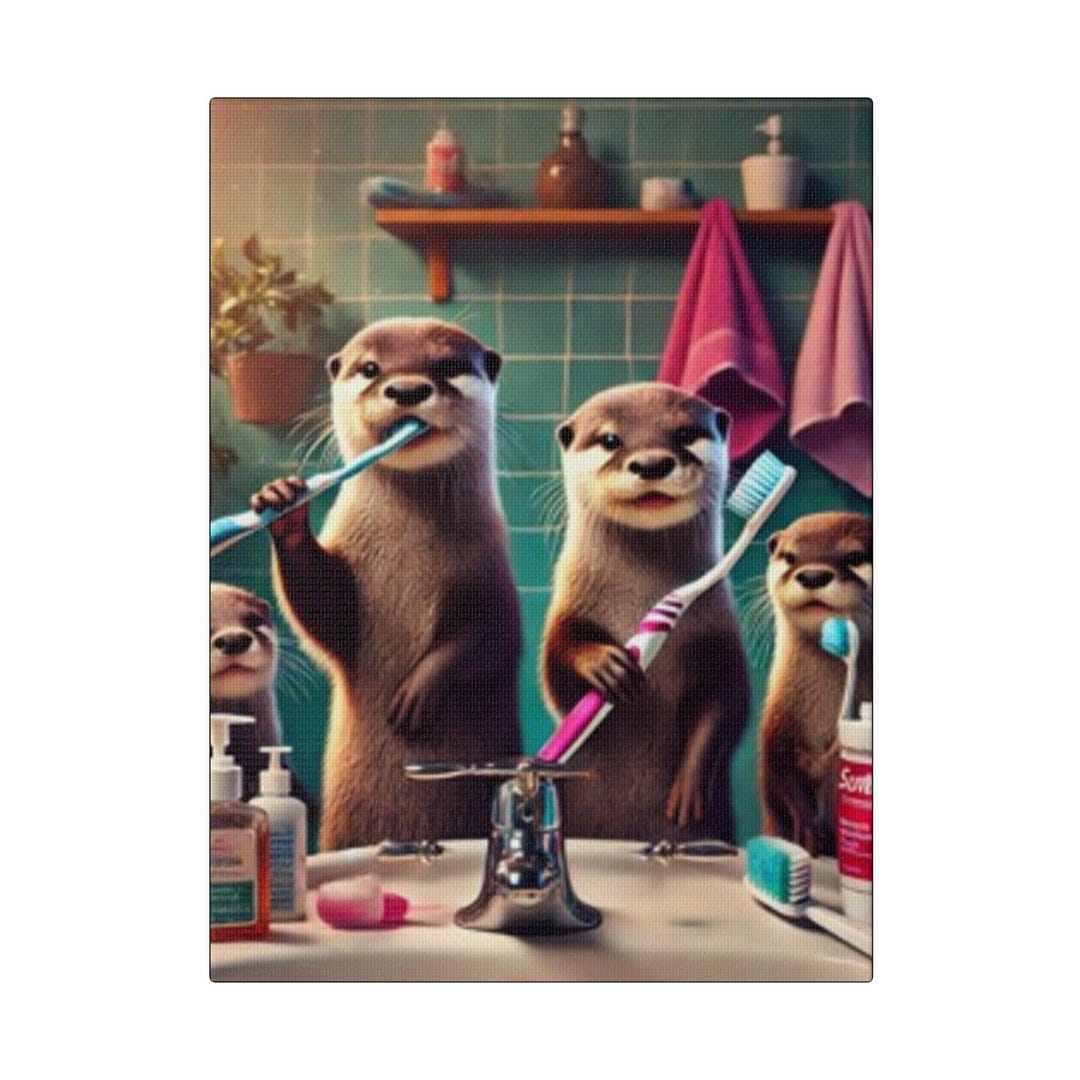 Otter Family Morning Routine Canvas Print | Whimsical Otters Brushing ...