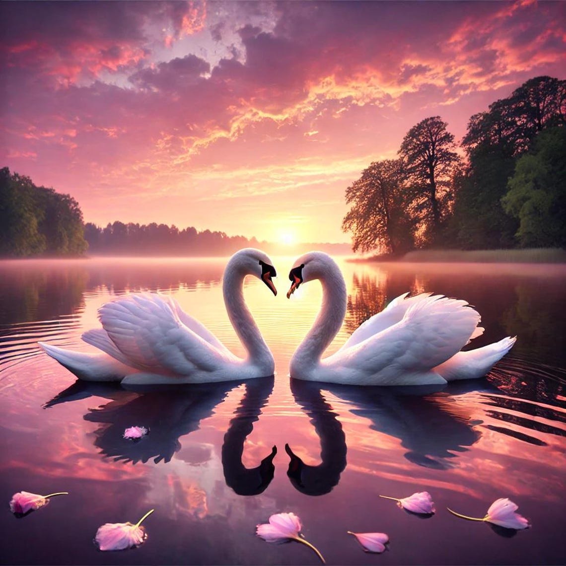 4 Digitals Romantic Swan Couple Heart Reflection Sunset Love Art Print ...