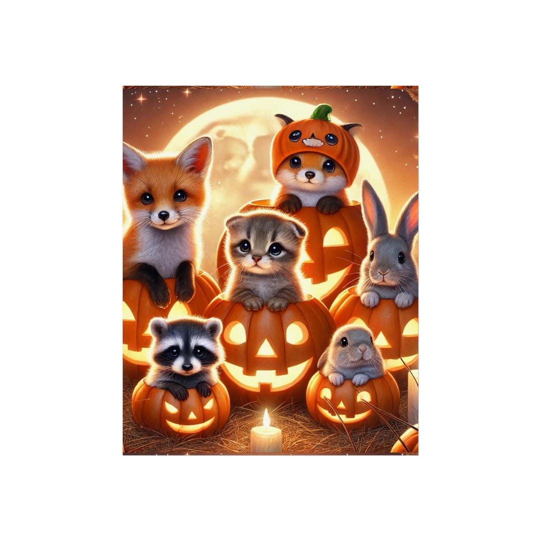 Adorable Halloween Animals in Pumpkins Cute Fall Wall Art Spooky Season ...
