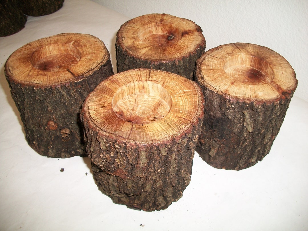 4 Oak Log RISERS--3 1/2" Lift--2" Dia Leg Opening--rustic Bark--sturdy ...