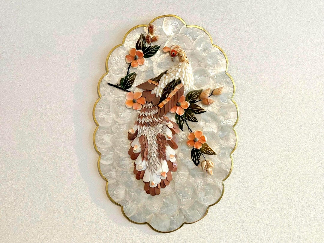 MCM Vintage Kitsch Capiz Shell Art Scalloped Wall Mosaic Bird and ...