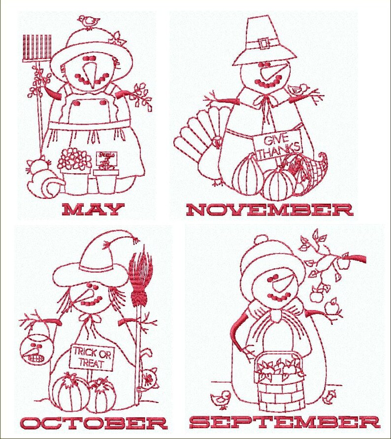 EMBROIDERY DESIGN PACK - Redwork Snowmen of the Month - Snowmen ...