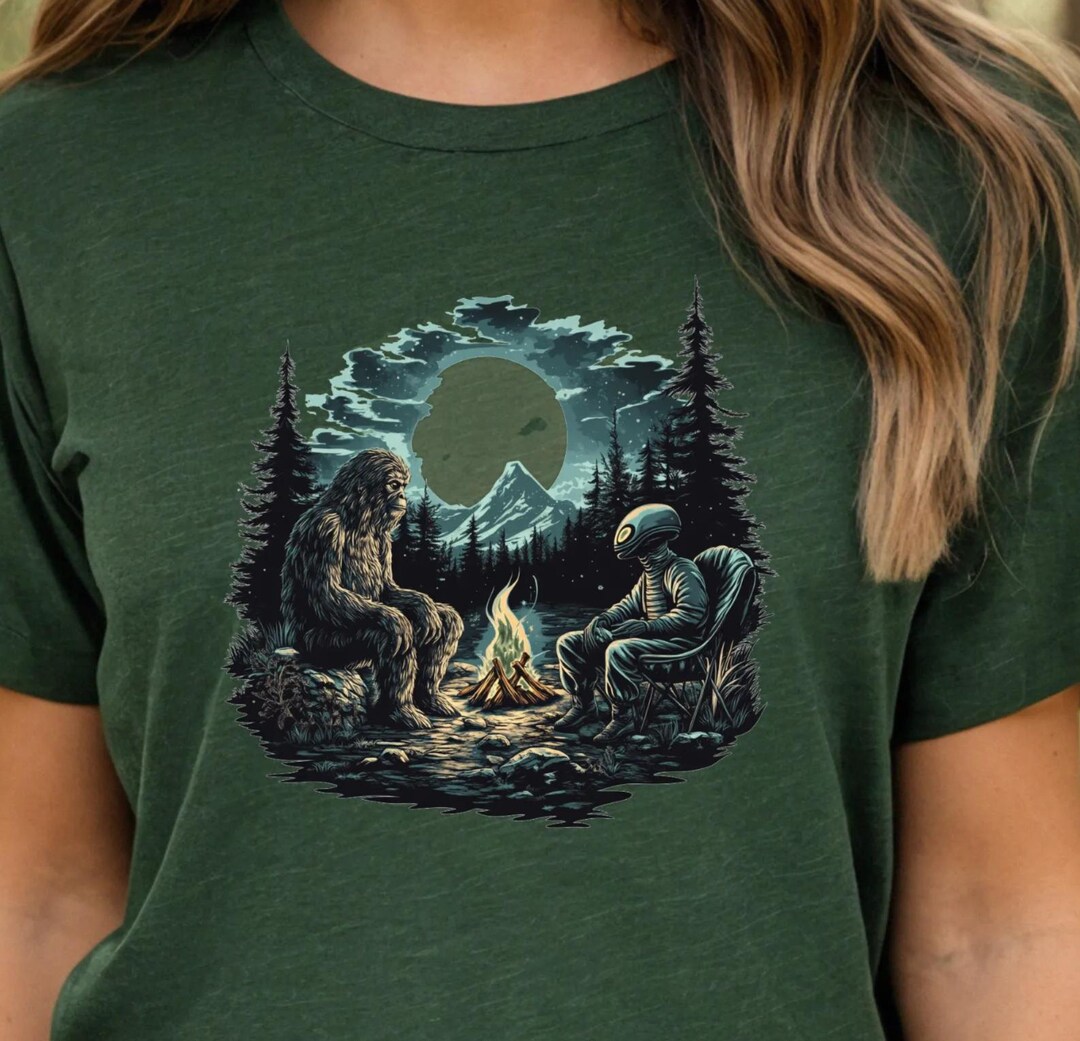 Bigfoot and Alien Cryptid Alien Outdoor T-shirt, Fun Camping Graphic ...
