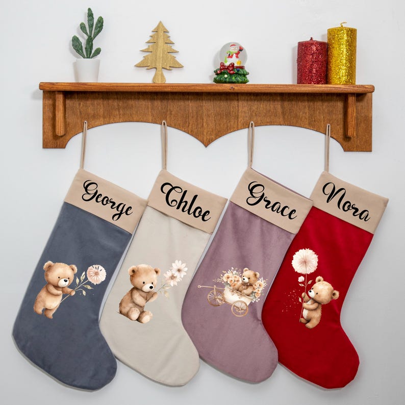 Personalized Teddy Bear Velvet Christmas Stocking, Family Name - Etsy