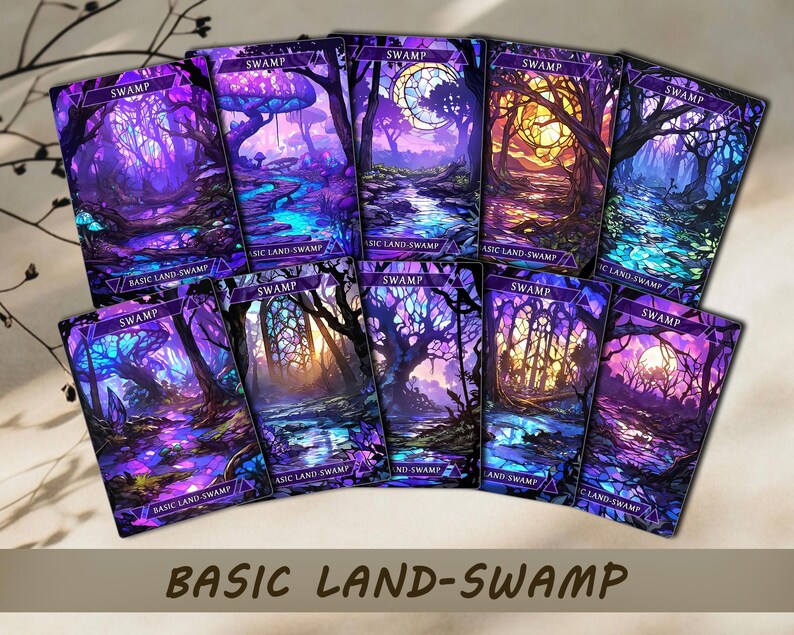 10 Stained Glass Basic Land-swamp, Custom Basic Lands for Commander ...