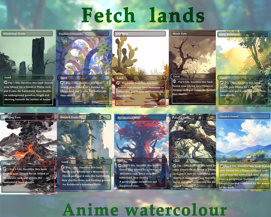 Fetch Lands Pack (10+ Cards) Anime Watercolour Lands Set of 10+ Unique ...