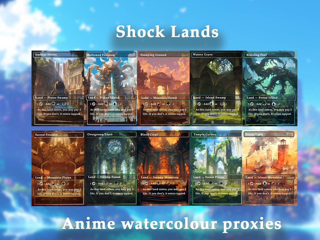 Shock Land Pack (10+ Cards) Anime Watercolour Lands Set of 10+ Unique ...