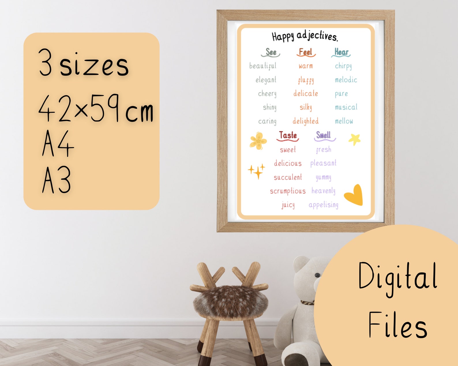 Set of 3 Educational Posters Children Adjectives Home School Classroom ...