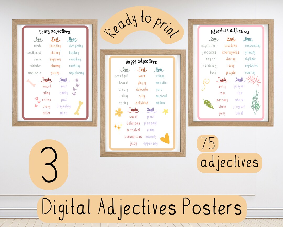 Set of 3 Educational Posters Children Adjectives Home School Classroom ...
