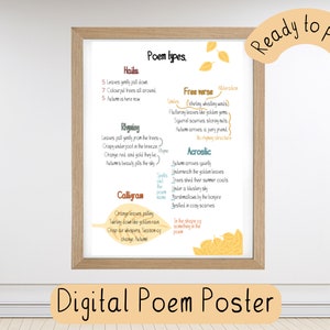 Types of Poems Educational Poster: Haiku, Acrostic, Calligram (digital ...