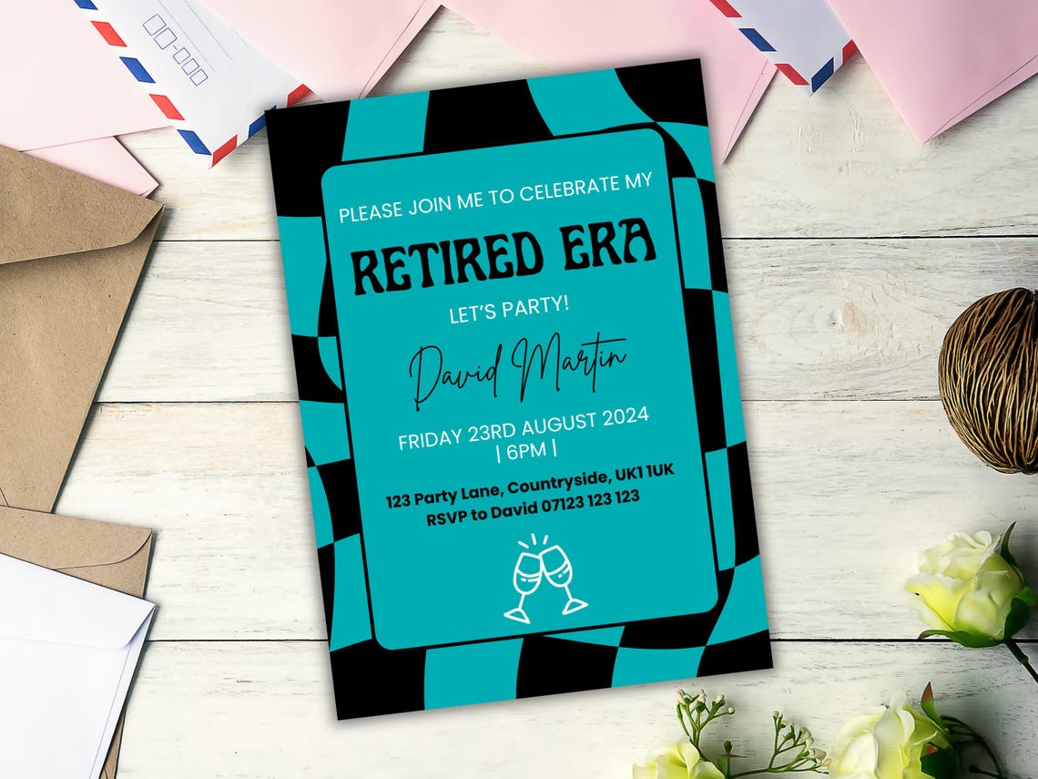 Groovy Retirement Party Invitation, Teal Blue, Retired Era, Fun ...