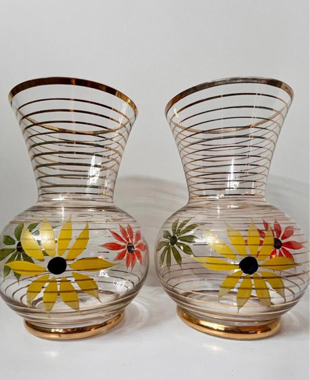 1950s Vases Pair Glass Mid Century Vintage Vases Gilt Bands and ...