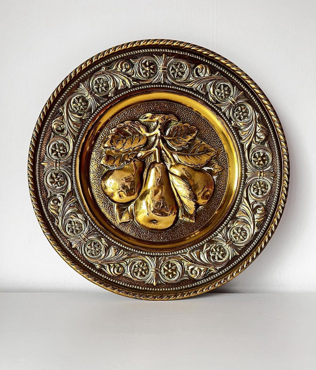 Antique Peerage Brass Wall Plate, Hammered Wall Decor, Embossed Pears ...