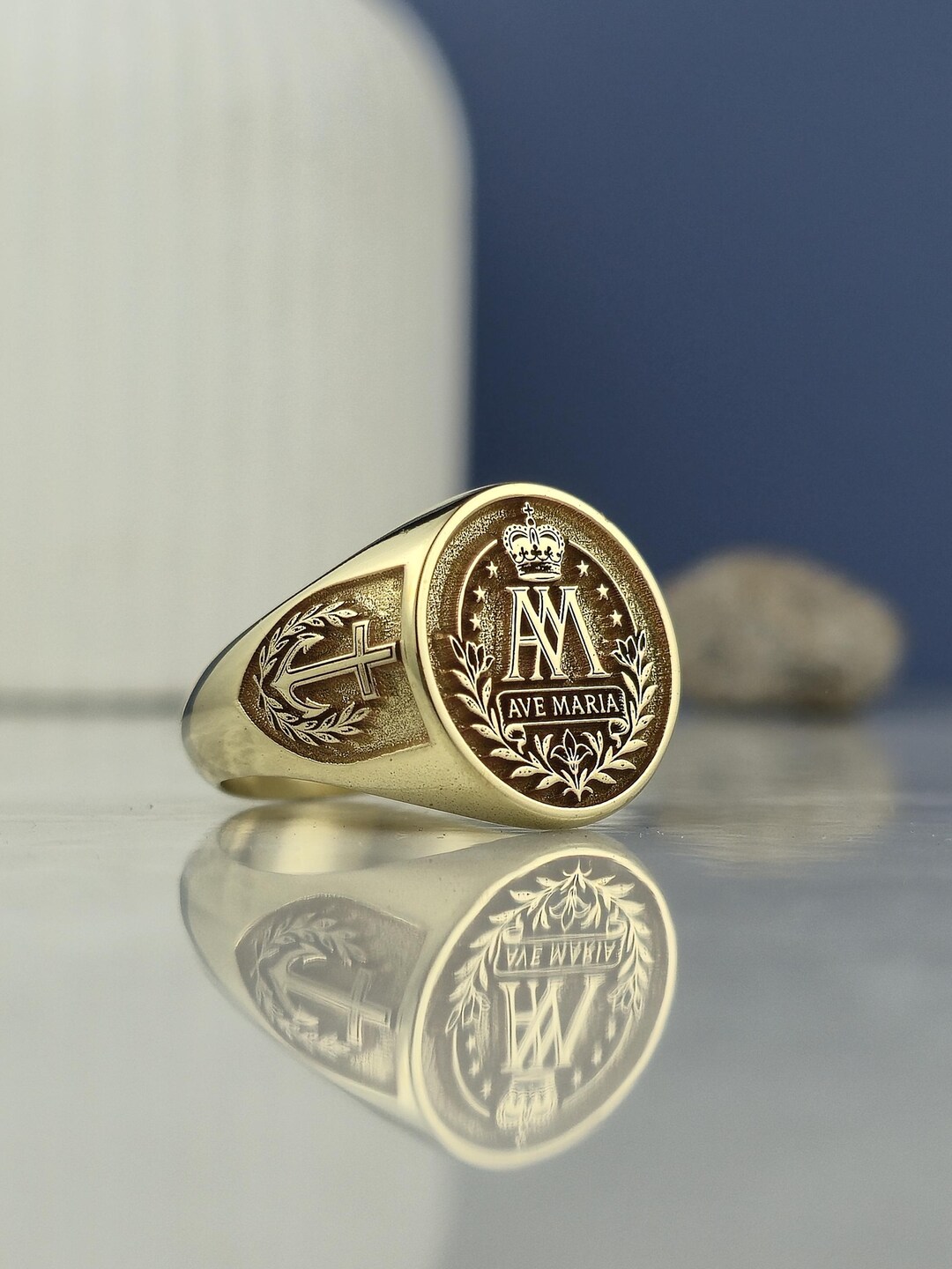 Gold Ave Maria Ring With Virgin Mary & Anchor – Round Religious ...