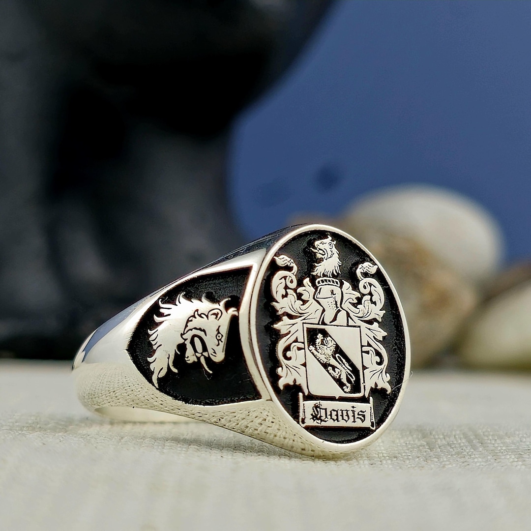 Custom Family Crest Signet Ring: Sterling Silver Black Enamel ...