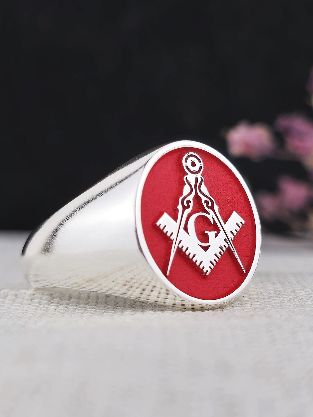 Masonic Red Enamel Signet Ring | 925 Sterling Silver Freemason Ring ...
