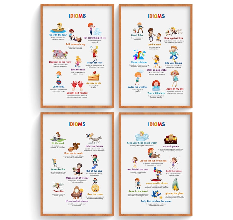 Set of 4 Idiom Wall Decor, English Idiom Art, Idioms and Phrases ...