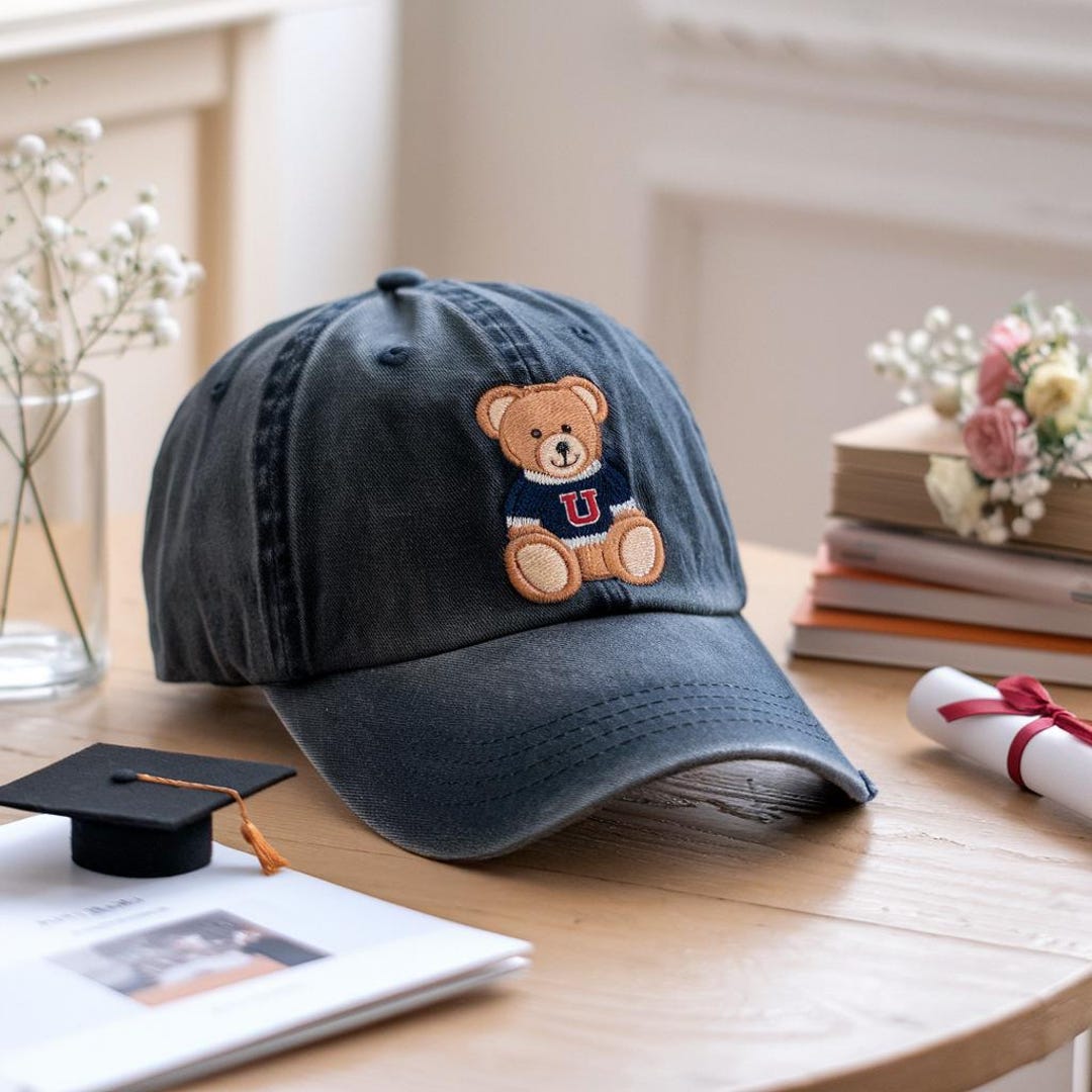 Graduation Teddy Bear Hat – Embroidered Varsity Letter Cap, Washed Navy ...