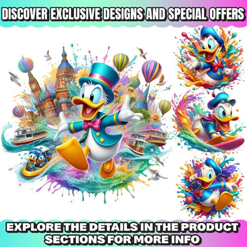 4 PNG Donald Duck Splash and Watercolor Digital Design PNG File for ...