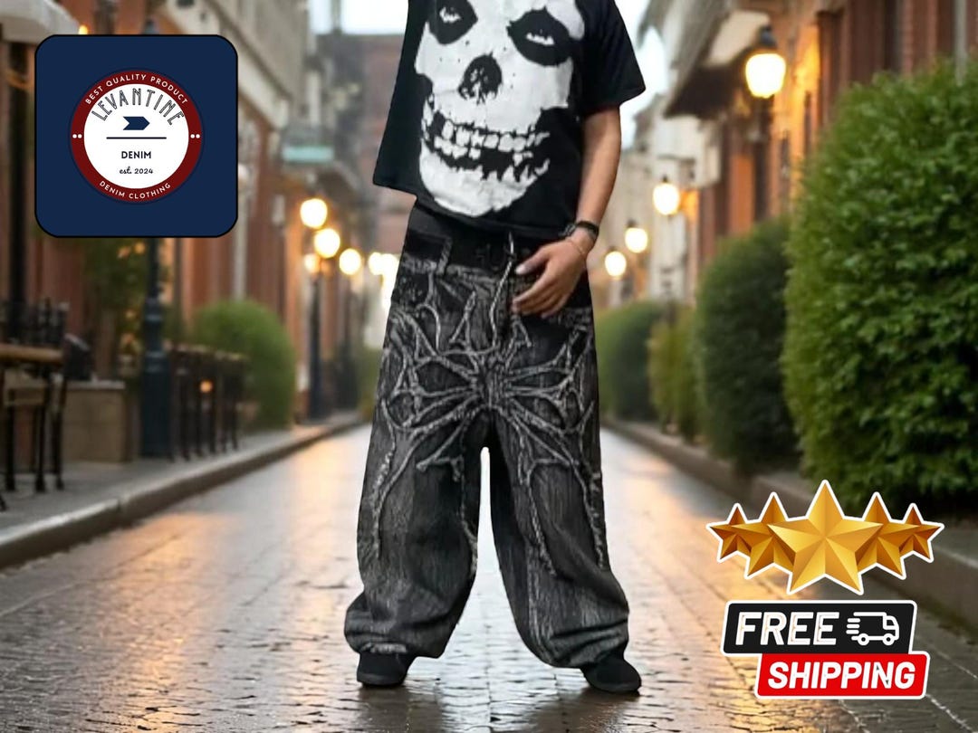 Unisex Embroidered Spider-pattern Jeans | Gothic Patchwork Denim Baggy ...