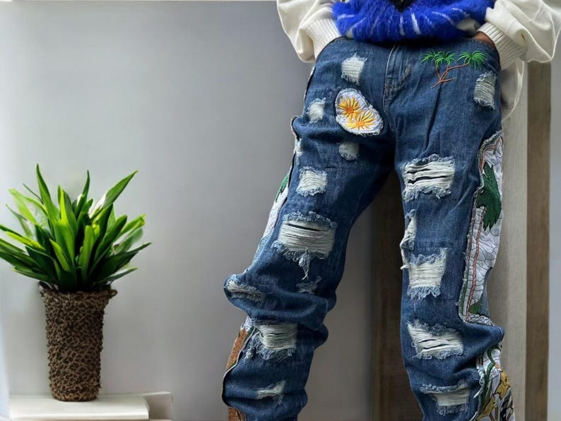 Men's Ripped Jeans Artistic Details Pants Stylish Eye-catching Designed ...