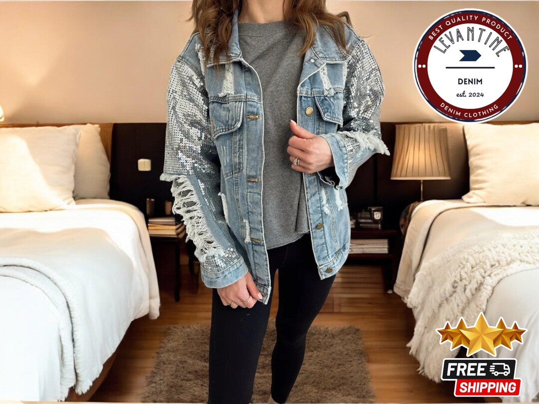 Womens Bling Denim Jacket Vintage-inspired Sequin Patchwork Coat Loose ...