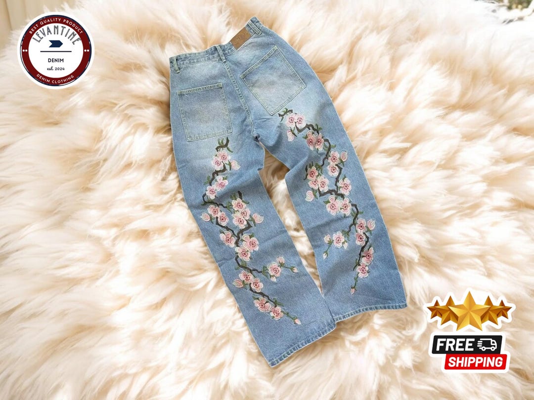 Men’s Floral Embroidered Jeans | Cherry Blossom Wide-leg Denim | Harajuku Baggy Casual Trousers ...