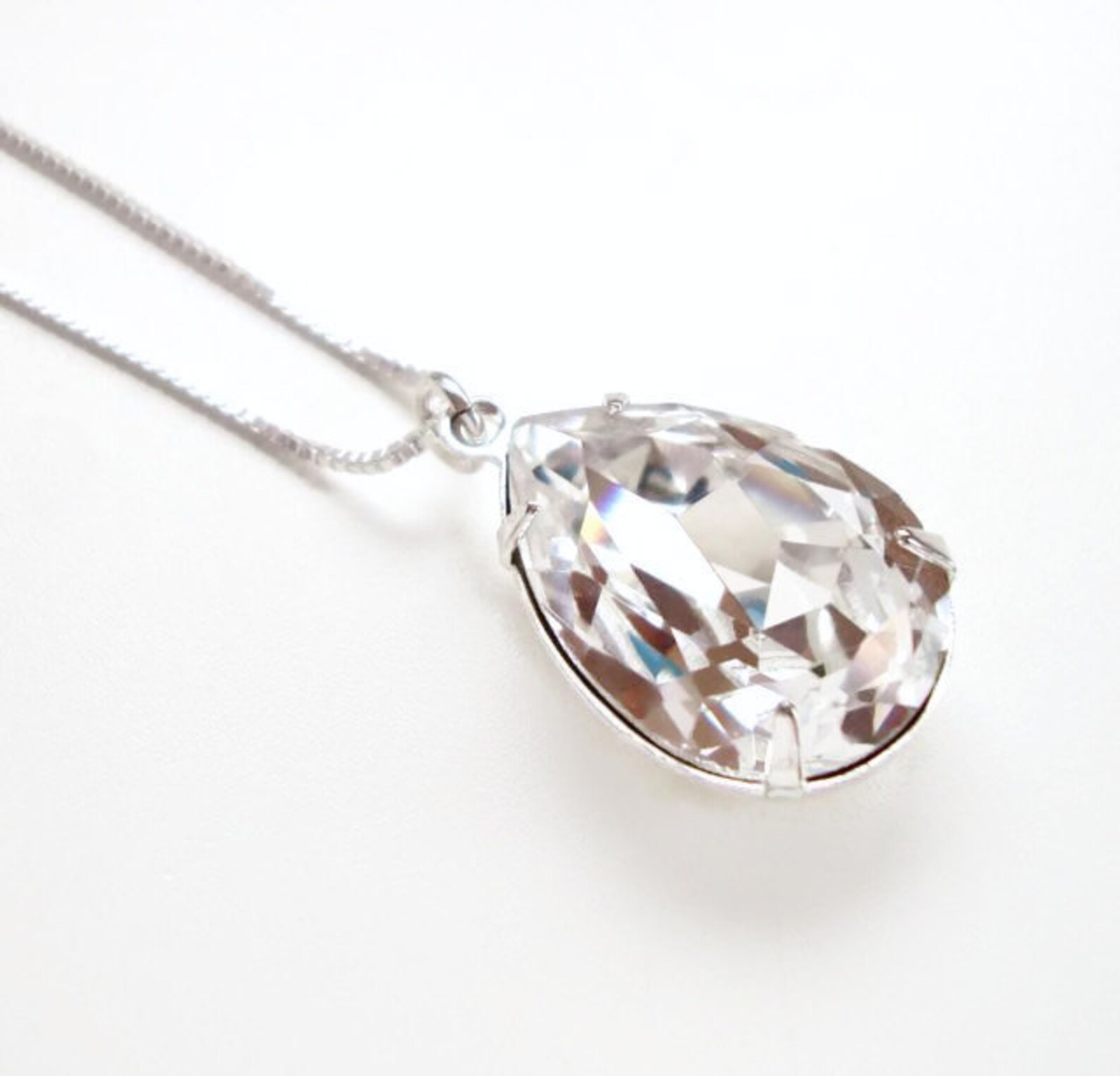 Clear Pear Shape Crystal Necklace on Sterling Silver Bridal - Etsy