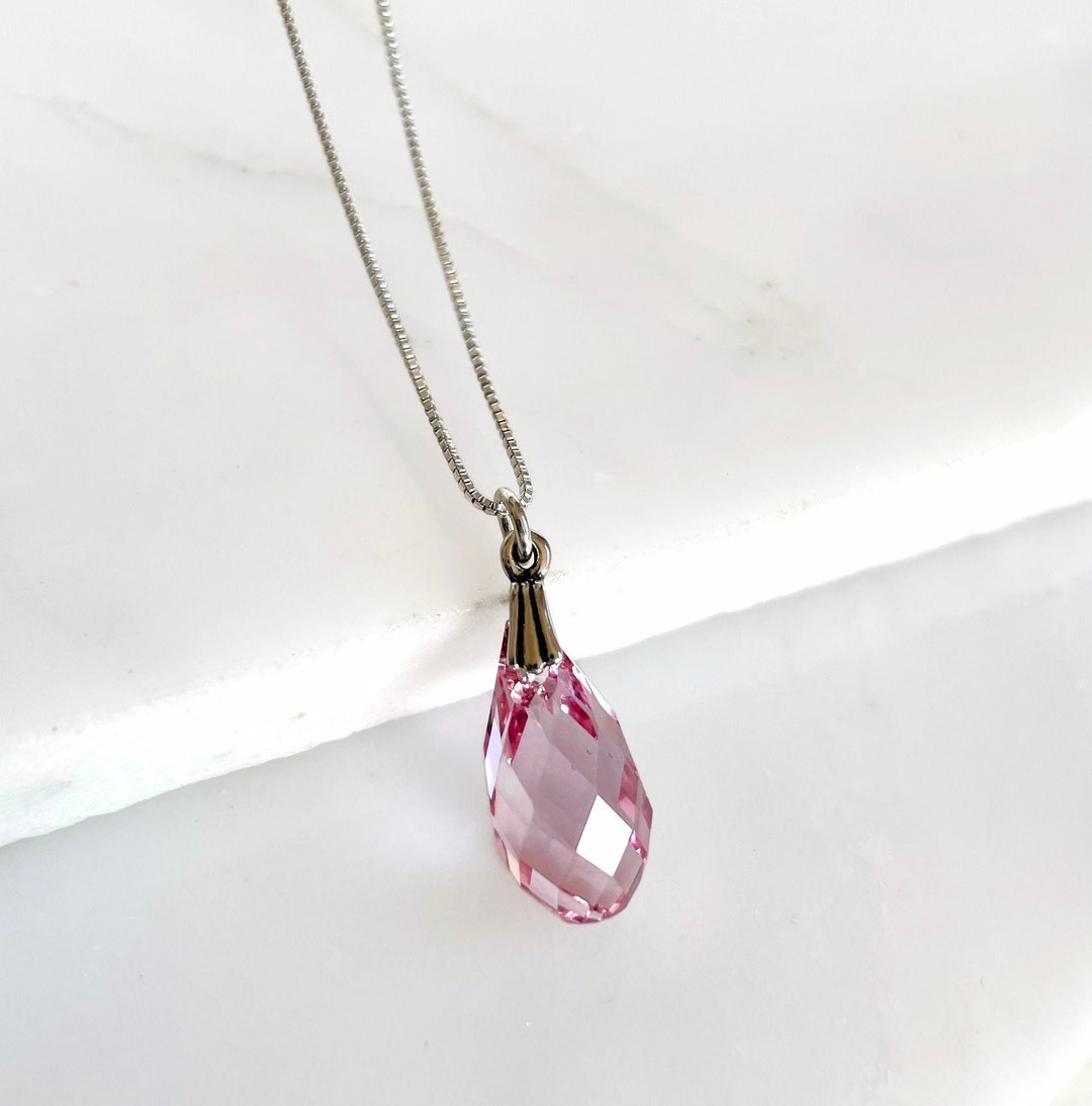 Pink Crystal Teardrop Necklace on Sterling Silver Box Chain Wedding ...