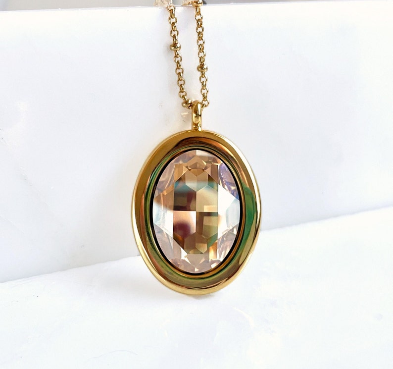 Large Gold Oval Crystal Pendant Gold Crystal Necklace Gold - Etsy